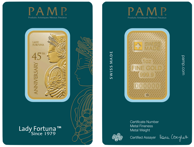 1 oz Lady Fortuna Gold Bar - 45th Anniversary - Bullion Trading LLC
